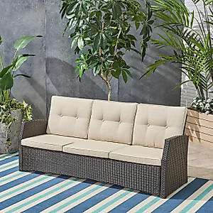 Christopher Knight Home Amigo Outdoor 3 Seater Wicker Sofa, Dark Brown with Beige Cushions