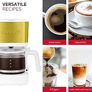 Holstein Housewares 5-Cup Coffee Maker - Pause N Serve, One-Touch Operation, Non-Stick Warming Plate, Water Level Indicator - Reusable Filter - Compact Design - White and Gold Color