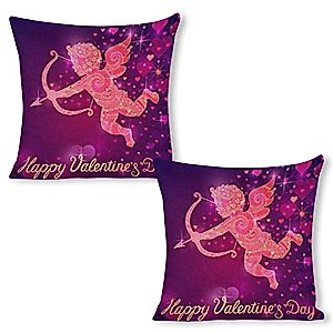 Happy Valentine's Day Throw Pillow Covers 18×18 Pillowcases Set of 2 Glitter Cupid Linen Decorative Square Pillow Case Cushion Covers Standard Size for Sofa Couch Outdoor Bed Pillow Protectors
