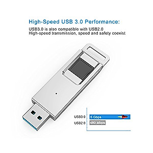 KOOTION 32GB High Speed Recognition Fingerprint Encrypted Flash Drive USB3.0 Dual Storage Security,Silver