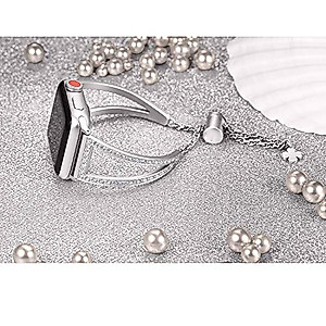 Secbolt Bling Bands Compatible with Apple Watch Band 38mm 40mm 41mm iWatch Series 8/7/6/5/4/3/2/1/SE, Women Dressy Metal Jewelry Bracelet Bangle Wristband Stainless Steel, Silver