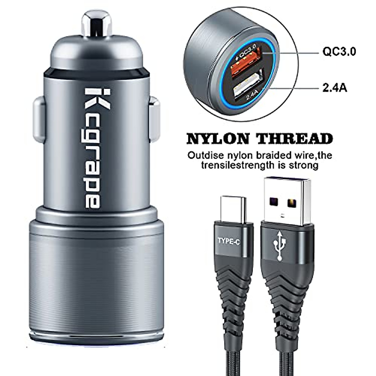 Car Charger for Samsung Galaxy A14 A11 A01 A21 A71 A42 A32 A13 5G,S21 S22 Plus/Note 20 Ultra A12,LG Velvet G8 G8X G7 Thinq,K51 Q70,Stylo 6 5,Quick Charge 3.0 Fast Charging Phone Adapter+6FT USB C Cord