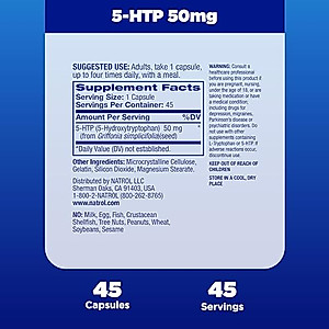 Natrol Mood & Stress 5-HTP 50mg, Dietary Supplement Helps Support a Balanced Mood, 45 Capsules, 11-45 Day Supply
