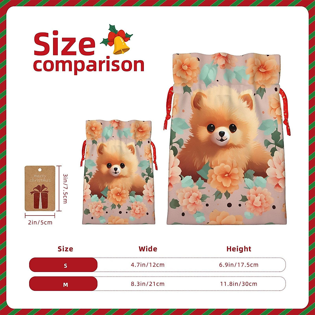 BTCOWZRV Pomeranians Cartoon Flowers Christmas Gift Bag with Drawstring Christmas Wrapping Bags Xmas Gift Bags Sack Bags Xmas Package Storage Bag Wrapping Sacks Pouches Xmas Party Holiday Gift Bags