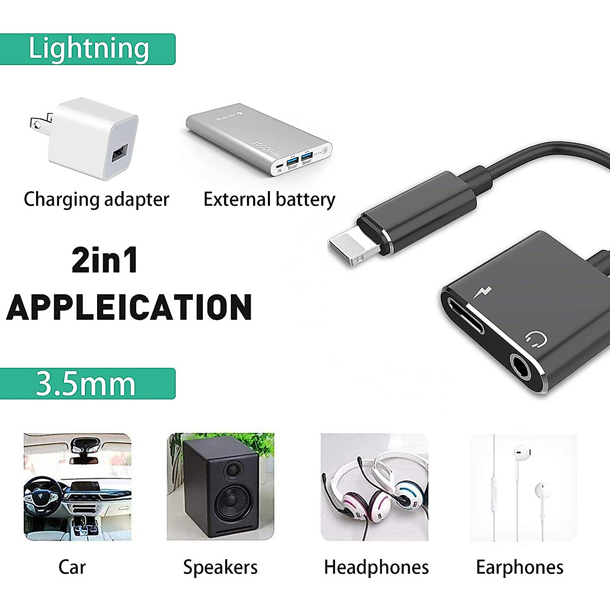 MFi Certified] Lightning to 3.5 mm Headphone Jack Adapter for iPhone, 2 in 1 Lightning to 3.5mm AUX Audio Charger Splitter Compatible with iPhone 14 13 12 11 XS XR X 8 7 Audio Earphone Adaptor