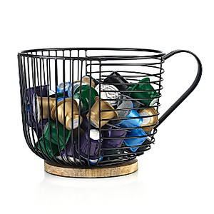Coffee Pod Holder - Large Capacity Black Wire Kup Storage with Wooden Base - Modern Coffee Basket Decor for Kitchen Countertop for Pods & Espresso Capsules