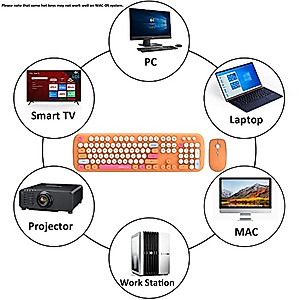 Colorful Wireless Computer Keyboards Mouse Combos, UBOTIE Polychrome Round Keycaps Retro PC Keyboards 2.4GHz Radio Frequency Connection with Optical Mouse(Orange-Colorful)