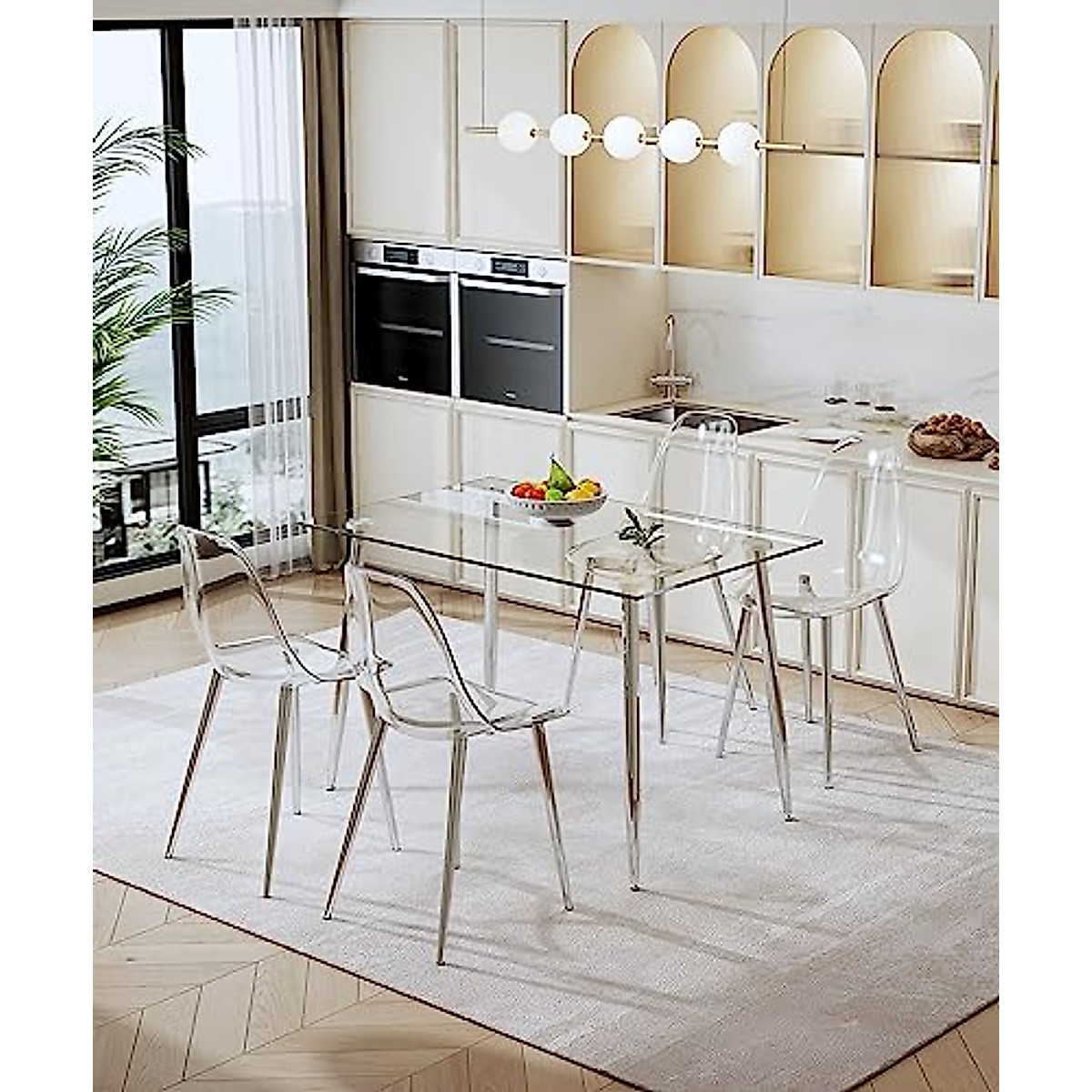 Ufurpie 5 Piece Glass Dining Table Set,47" Kitchen Table and Chairs for 4,Clear Dining Room Table Sets w/Silver Chrome Legs,Modern Dining Room Sets for Home, Kitchen, Dining Room(Silver)