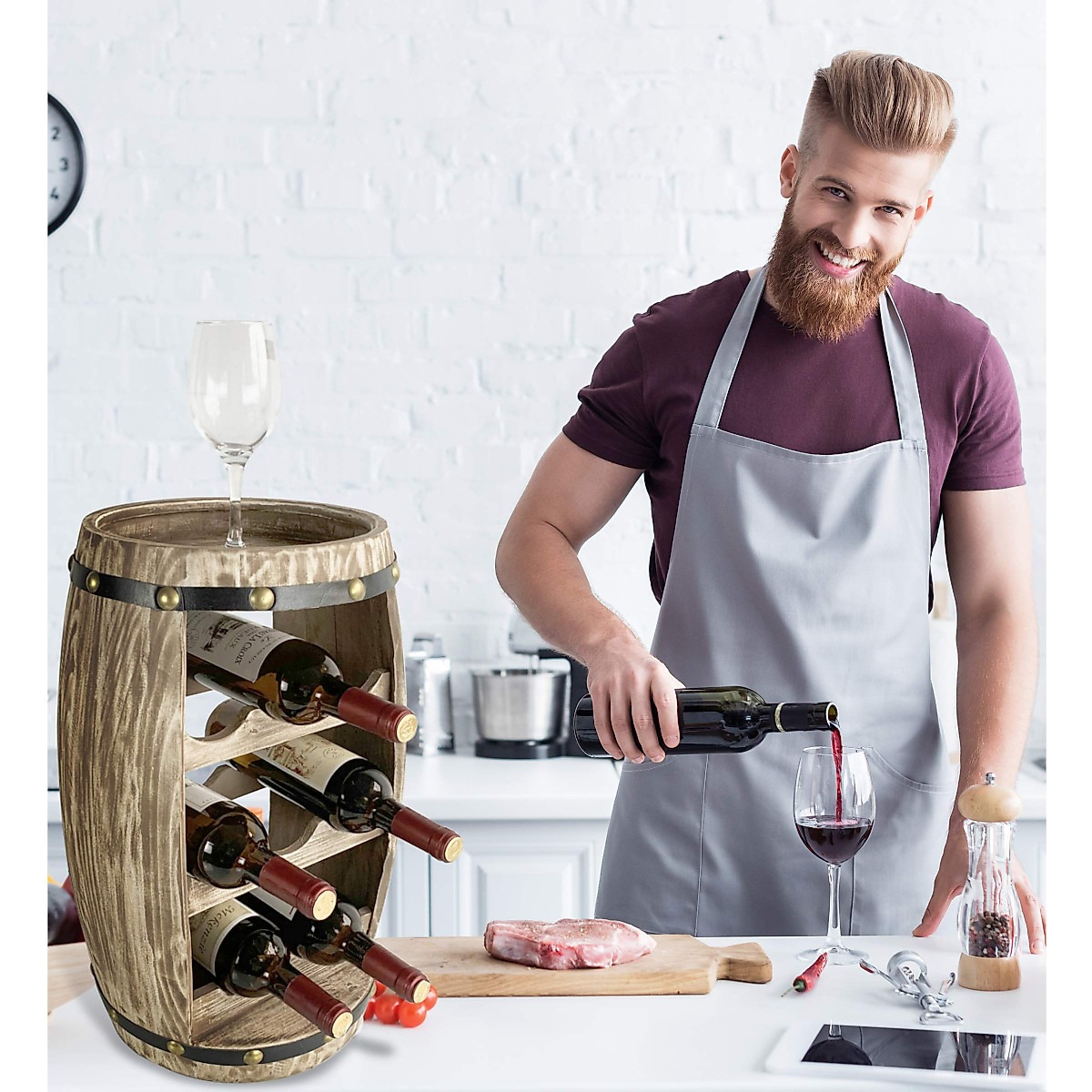 COTA Global Modern Alexander Wine Rack - Freestanding Wooden Barrel Wine Holder for 8 Wine Bottles, Bottle Rack Floor Stand, Rustic Countertop Wine Storage Shelf Organizer for Wine Bar & Home Décor