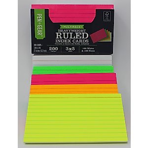 Heavy Weight Ruled Index Cards 5 x 3 inches, 200 count, (100 White & 100 Neon)
