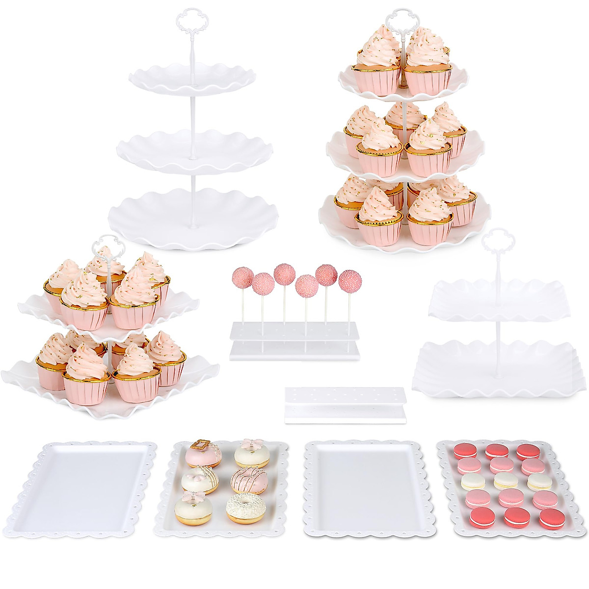 Pack of 10 NWK Cake Stand, Cupcake Stand, with 2X Large 2-Tier Cupcake Stands + 2X Large 3-Tier Cupcake Stands + 4 x Appetizer Trays +2 x Cake Pop Stands Perfect for Birthday Baby Shower Party