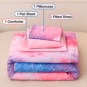 A Nice Night Galaxy Space Planet with Star Glitter Toddler Bedding Set,Includes Comforter, Flat Sheet, Fitted Sheet and Pillowcase,Pink