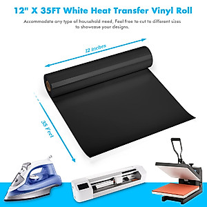 Black Heat Transfer Vinyl 12" x 35ft Black HTV Vinyl Roll, Heat Transfer Vinyl for T Shirts, Black Iron on Vinyl for Cricut & Cameo, Silhouette, Easy to Cut & Weed