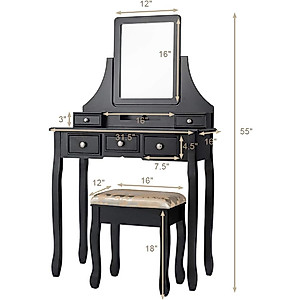 COSTWAY Vanity Desk Set with Mirror, Vanity Desk and Cushioned Stool Set with 5 Storage Drawers, Makeup Dressing Table for Bedroom Women Girls (Black)