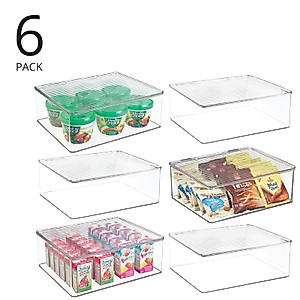 mDesign Plastic Kitchen Pantry and Fridge Storage Organizer Box Containers with Hinged Lid for Shelves or Cabinets, Holds Food, Snacks, Seasoning, Condiments, Utensils, Ligne Collection, 6 Pack, Clear