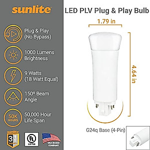 Sunlite LED Vertical PLV Plug and Play Light Bulb, 9 Watts (26W Equivalent), G24q Base, Ballast Dependent, CFL Replacement, UL Listed, 40K - Cool White 1 Pack