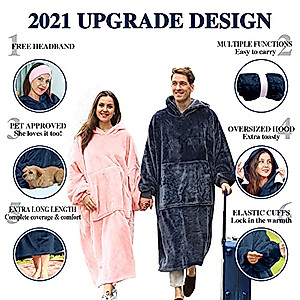 Lengthened Oversized Blanket Hoodie Wearable Blanket Sweatshirt Women - Navy Blue Hoodie Blanket Hooded Blanket Women and Men, Super Warm Blanket Sleeves and Giant Pocket