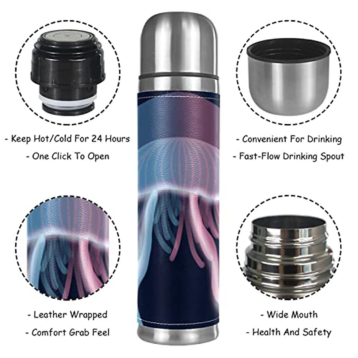 Stainless Steel Leather Vacuum Insulated Mug Jellyfish Thermos Water Bottle for Hot and Cold Drinks Kids Adults 16 Oz