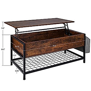 ErgoDesign Lift Top Coffee Table, 39.5" L Coffee Table with Storage Bag, Rising Tabletop Table with Hidden Compartment for Living Room Reception Room (Rustic Brown)