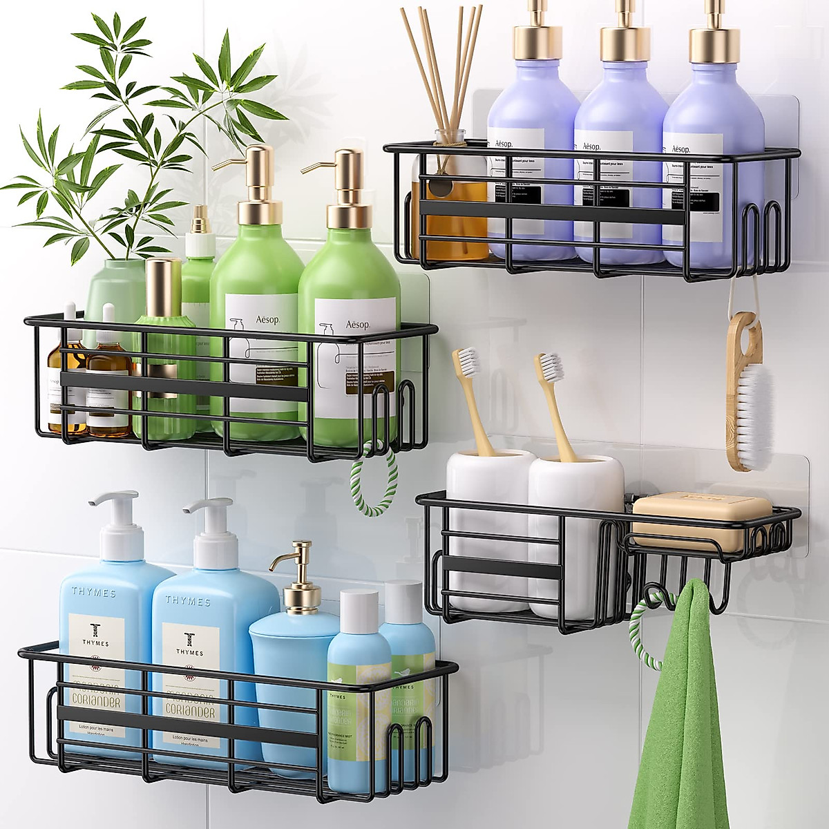 TOPCHASE Shower Caddy Shower Organizer, 4 Pack Shower Shelves for Inside Shower, Rustproof Adhesive Black Shower Storage Rack With Built-in Soap Dish