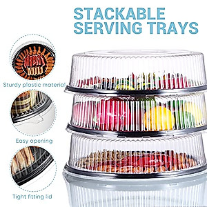 24 Sets 16 Inch Catering Trays with Lids Plastic Serving Trays with 24 Lids and 24 Plastic Serving Tongs Disposable Stackable Trays Black Round Catering Trays for Party Picnic Appetizers Takeout Food