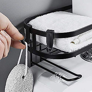 KEWKASKY Bathroom Toilet Storage Over Toilet Shelf Self Adhesive Over Toilet Storage Shelf No Drilling Waterproof Rustproof Bathroom Organizer Wall Mounted Bathroom Shelves with 3 Hooks (Black)