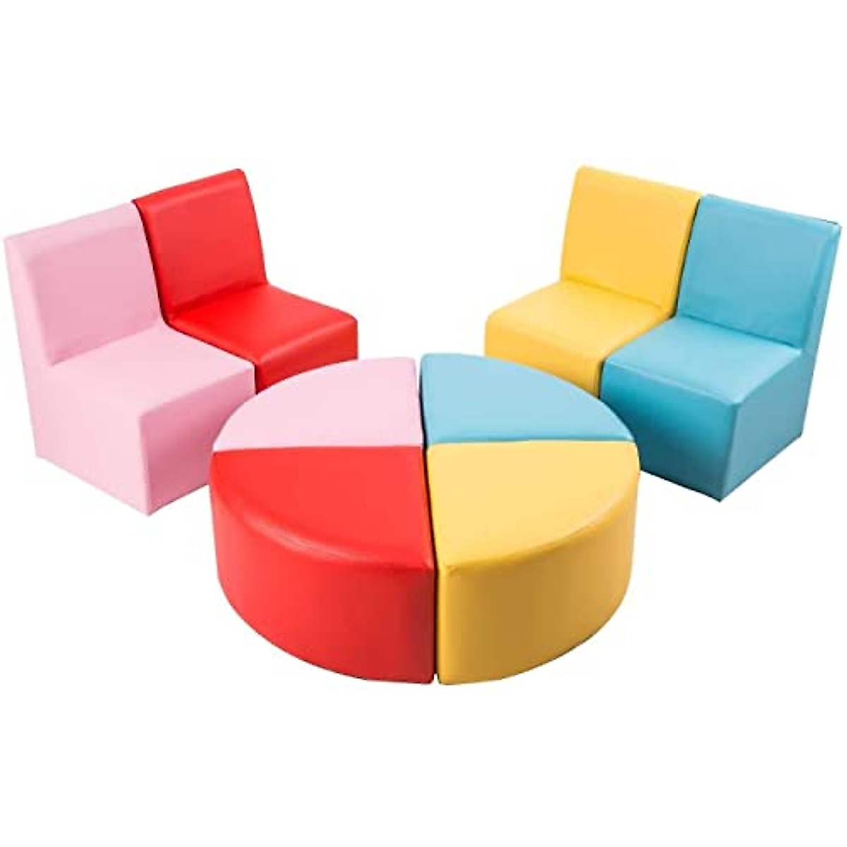 AIIT Kinlife Kids Table and Chair Set - 8PCS Soft Foam & PVC Seating Set Sofa Toddler Stools Colorful Table for Preschool Playroom Classroom Daycare
