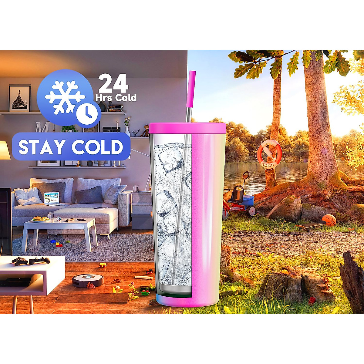 Meoky 24 oz Insulated Tumbler with Lid and Straw, Stainless Steel Vacuum Insulated Tumbler, Keeps Cold for 24 Hours, 100% Leak Proof, Fits in Car Cup Holder (Carnival)