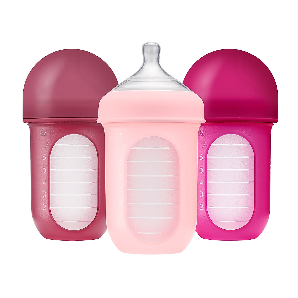 Boon Nursh Reusable Silicone Baby Bottles with Collapsible Silicone Pouch Design - Everyday Baby Essentials - Stage 2 Medium Flow Baby Bottles - Pink - 8 Oz - 3 Count