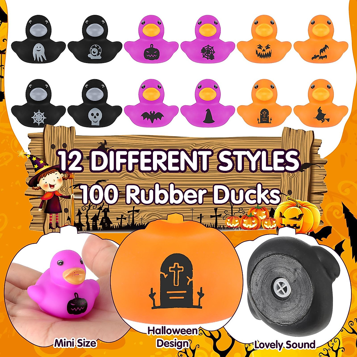 DEEKIN 100 Pcs Patriotic Rubber Duck Bulk 1.57 Inch 4th of July Float Rubber Ducks Independence Day Small Shower Star Rubber Duck for Memorial Day Baby Shower Summer Party(Pumpkin Bat)