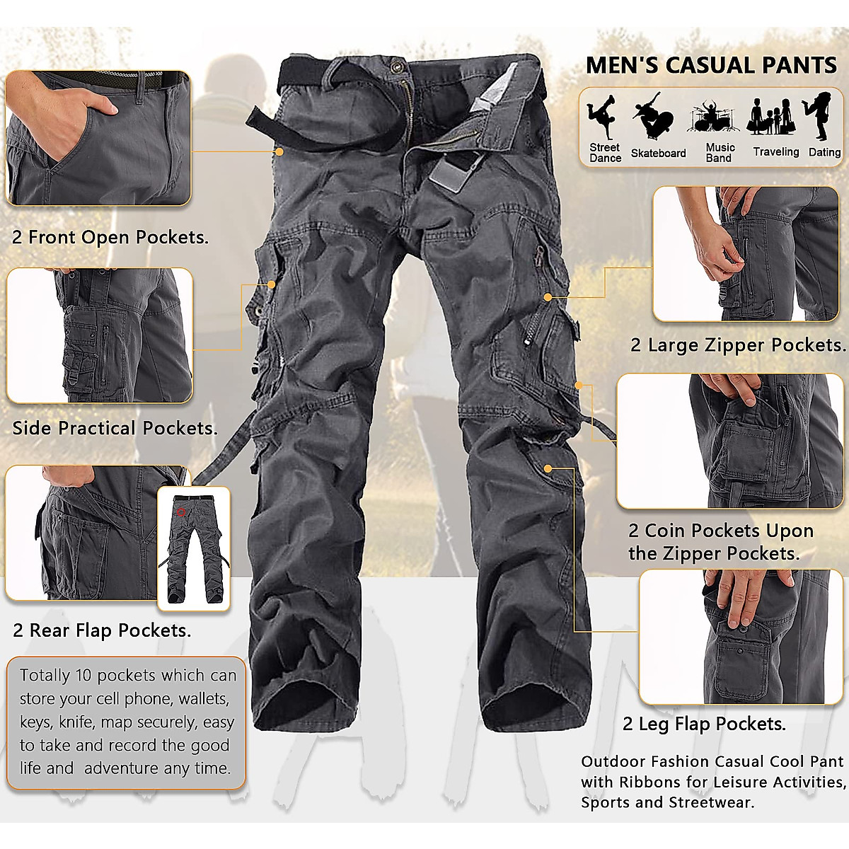 AKARMY Men's Casual Pants, Outdoor Streetwear Techwear Pants, Cargo Pants with Multi-Pocket K03 Gray