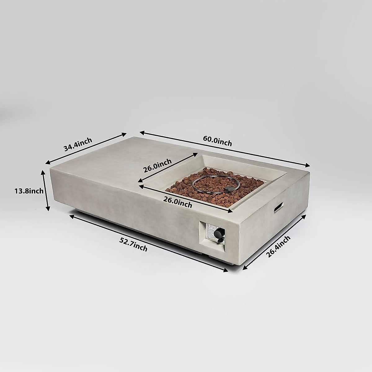 AJ Enjoy 60" Firepit Table for Outside, 50,000 BTU Large Rectangular Concrete Outdoor Firepit Tables, Laval Rocks, Side Handles, Fits 20lb Tank Outside, Grey
