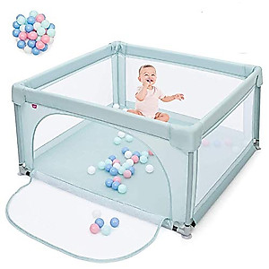 Costzon Baby Playpen, Extra Large Playard for Babies w/ 50 Ocean Balls, Infant Safety Gates with & Anti-Slip Suckers, Children's Fences with Breathable Mesh Walls, Toddler Play Yard (Blue)