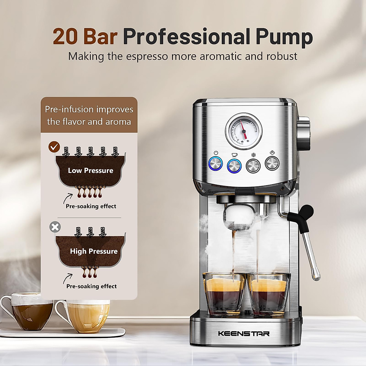 KEENSTAR Espresso Machine, 20 Bar Cold Brew Espresso Maker with Milk Frother Steam Wand, Latte Machine for Cappuccino, Latte, Gifts for Mother or Father