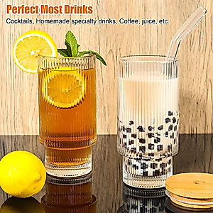 Rantonly 4Pack Ribbed Glass Cups 16oz with Bamboo Lids and Straws, Drinking Glasses Tumbler Cups-Reusable, Vintage Glass Cups, Elegant Ribbed Glassware for Beer Smoothie Whiskey