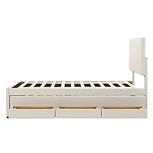 Twin Size Upholstered Platform Bed with Trundle and 3 Drawers, Linen Fabric Platform Bed with Headboard and Wooden Slat Support for Kids Boys Girls Teens, Easy Assembly (Beige + Linen-N11)