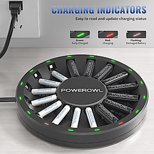 POWEROWL 16 Bay AA AAA Battery Charger (Updated, High Speed Charging) with Smart LED Light and Plug, for NIMH NICD Rechargeable Batteries and More