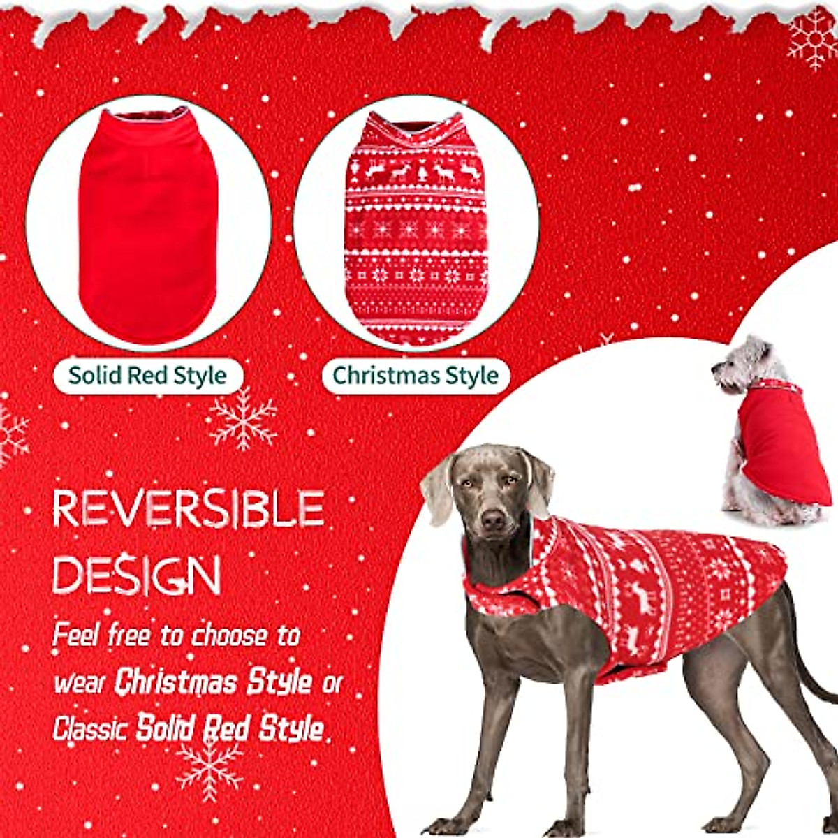 Christmas Dog Sweater Clothes, Red Reindeer Christmas Dog Jacket, Dog Winter Warm Coat, Reversible Dog Cold Weather Coat for Pet Clothes for Small and Medium Dogs