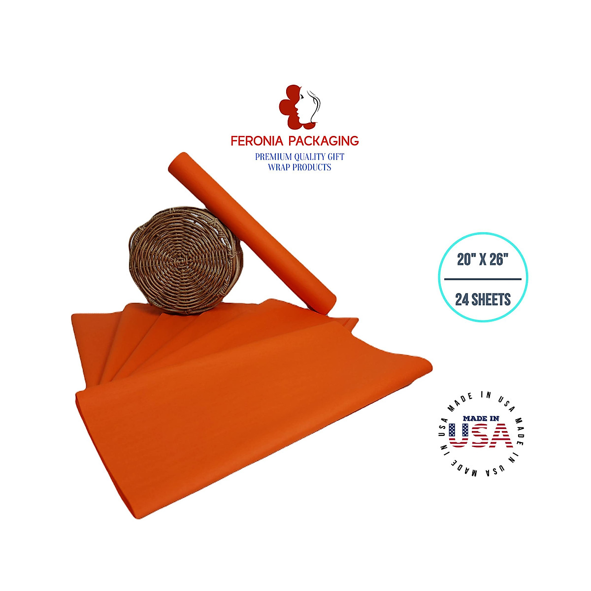 Orange Tissue Paper Squares, Bulk 24 Sheets, Premium Gift Wrap and Art Supplies for Birthdays, Holidays, or Presents by Feronia packaging, Large 20 Inch x 26 Inch