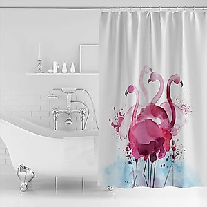 Boanket Polyester Fabric Pink Flamingo Shower Curtain, Watercolor Pink Blue Animals, Waterproof Bathtub Curtain Bathroom Decor Set with Hooks 36 x 72 Inches,