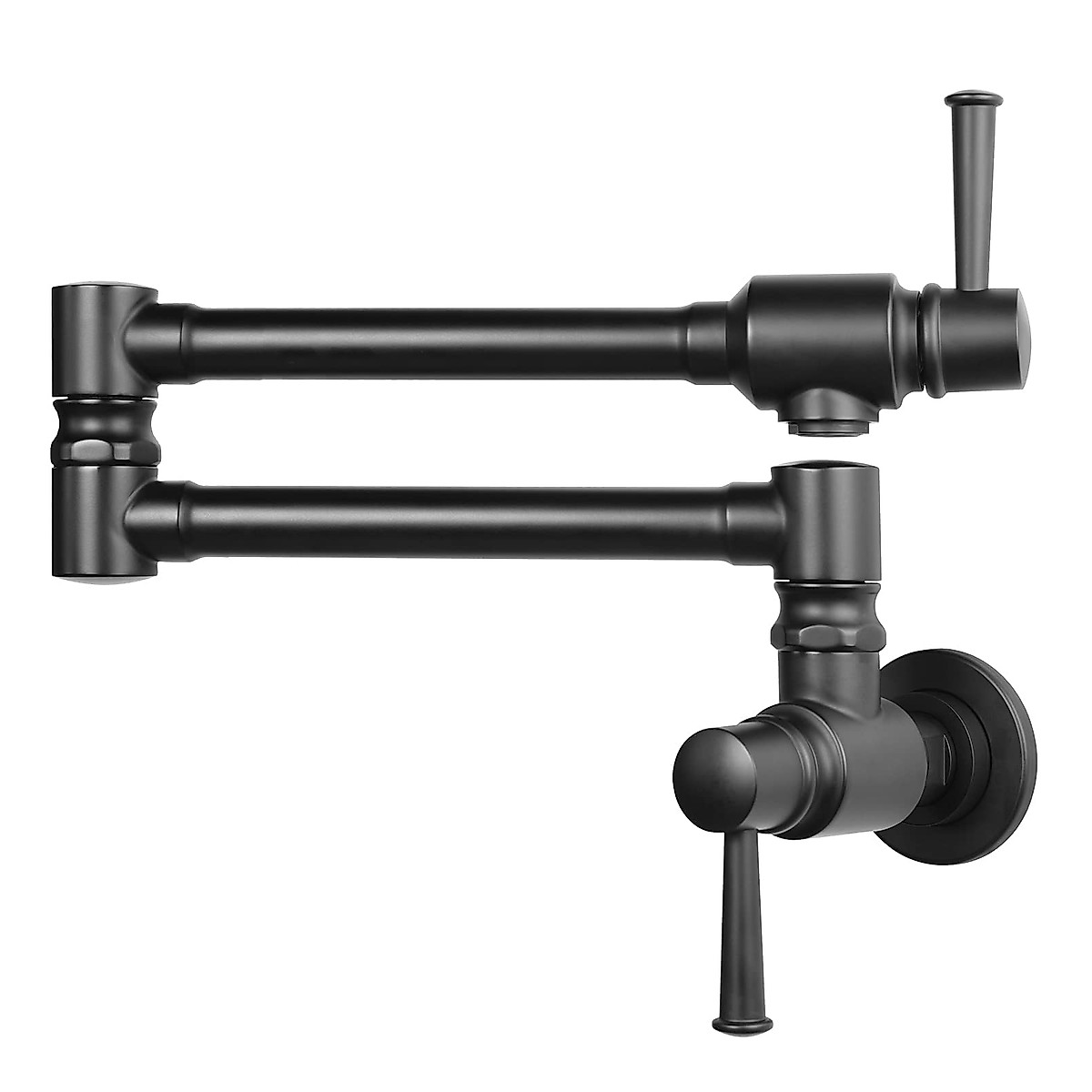 CWM Matte Black Pot Filler Faucet,Pot Filler Black Folding Faucet,Commercial Wall Mount Stainless Steel Material Stretchable Double Joint Swing Arm with Single Hole Two Handles.