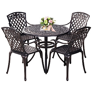 5PCS Patio Dining Set Outdoor Furniture Set, Cast Aluminum Patio Bistro Table and Chair Set of 2 with Umbrella Hole,Suitable for Patio Garden Deck(Antique Bronze)