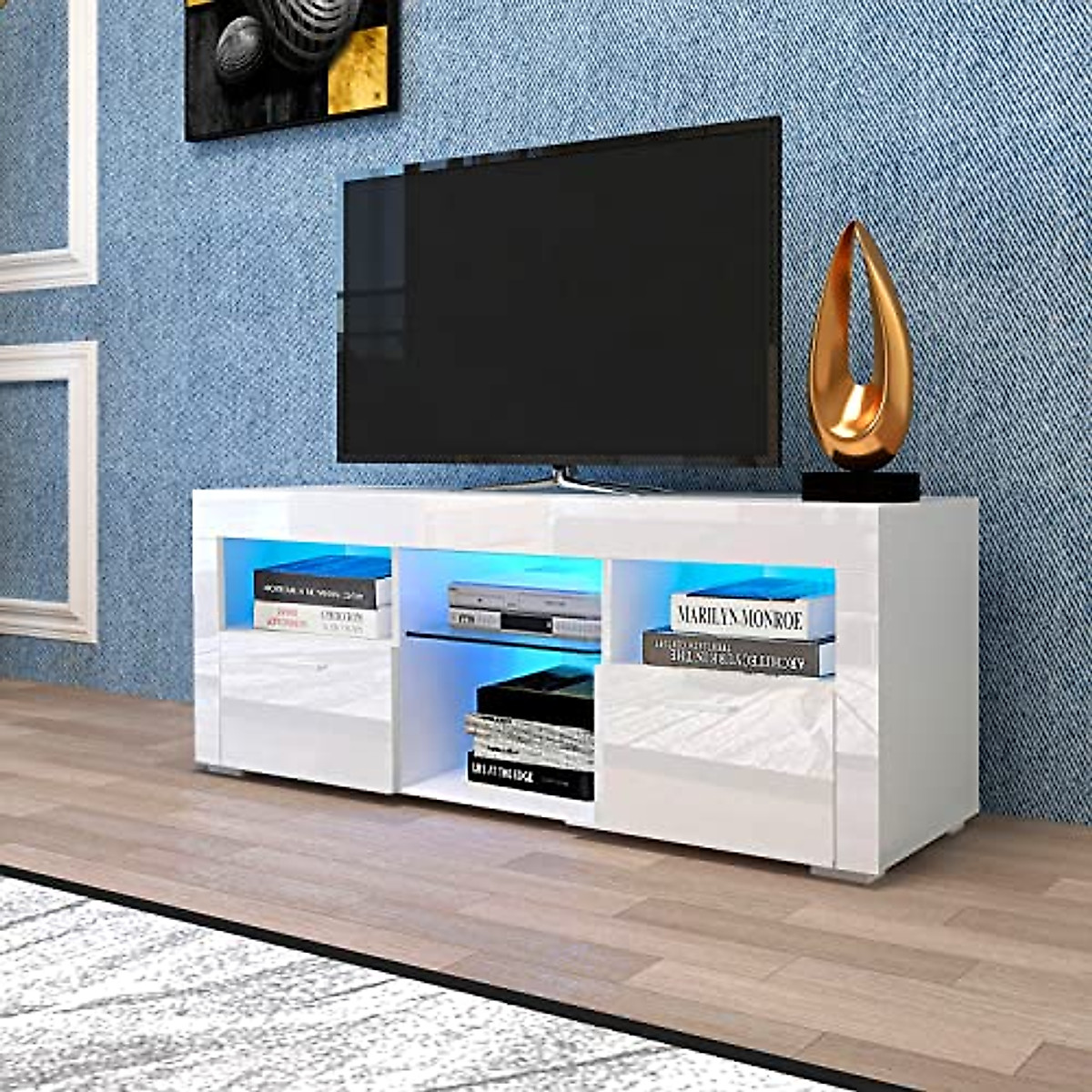 Goujxcy TV Stand for 55 inch TV with Storage - Entertainment Center for 55 inch TV, White Gloss TV Stand with LED Lights and 2 Drawer, Living Room TV Console Table Television Desk Stand