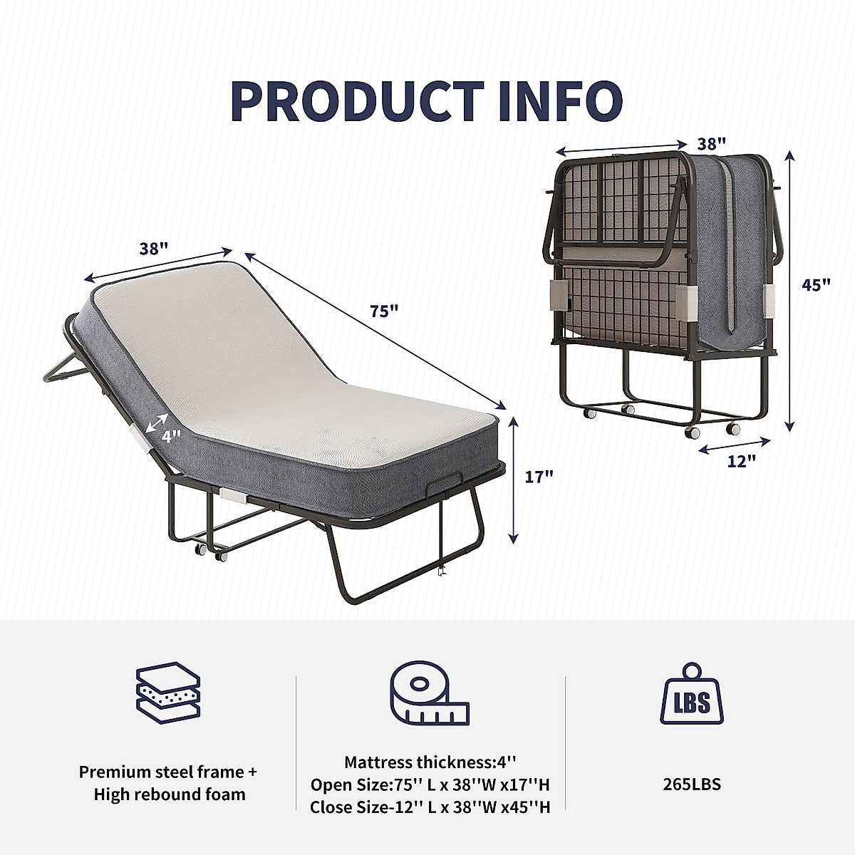 ZAFLY Folding Bed with 4” Memory Sponge Mattress, Portable Guest Bed Camping Cot for Adults, Soft Padded Rollaway Sleeping Bed for Travel and Hospital Nursing, 75 x 38” Twin XL Size(Standard)