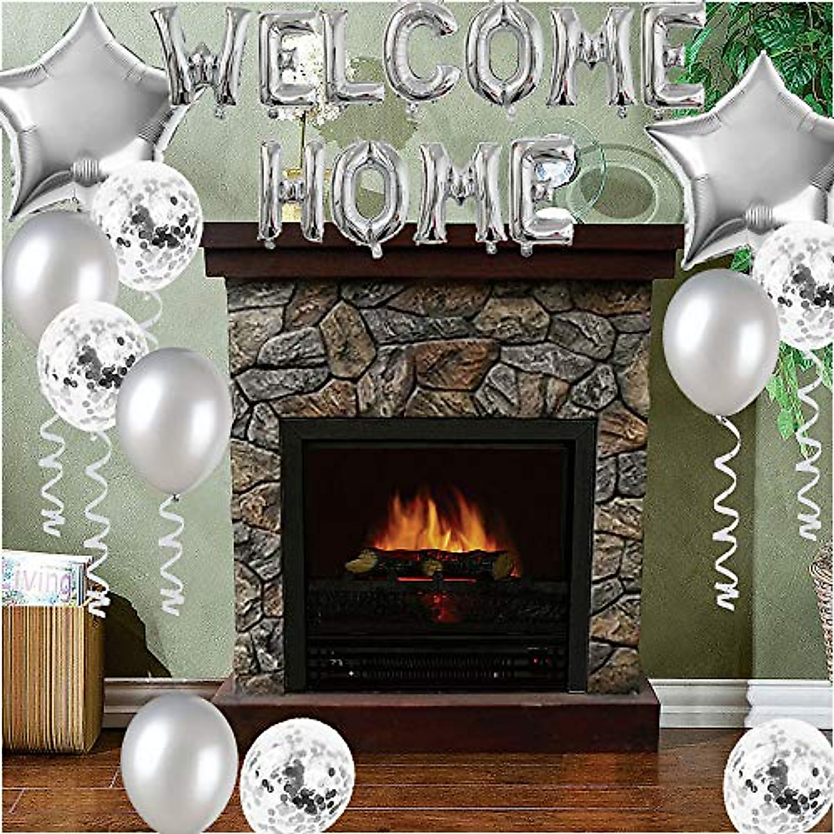 JumDaQ Welcome Home Letter Balloon Banner with Star Confetti Balloons for Home Family Party Decorations( 24 Pack) (Silver)