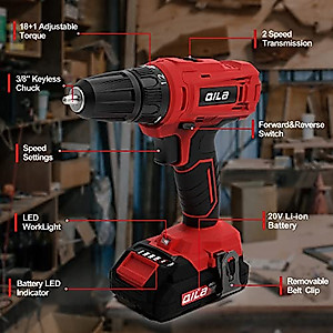 QILA 20V MAX Cordless Drill and Driver, 3/8'' Keyless Chuck, Power Drill Cordless Set with 2.0Ah Battery & Charger, Electric Drill with Variable Speed, 2 Variable Speed, 18+1Position, 22pcs Drill Bits
