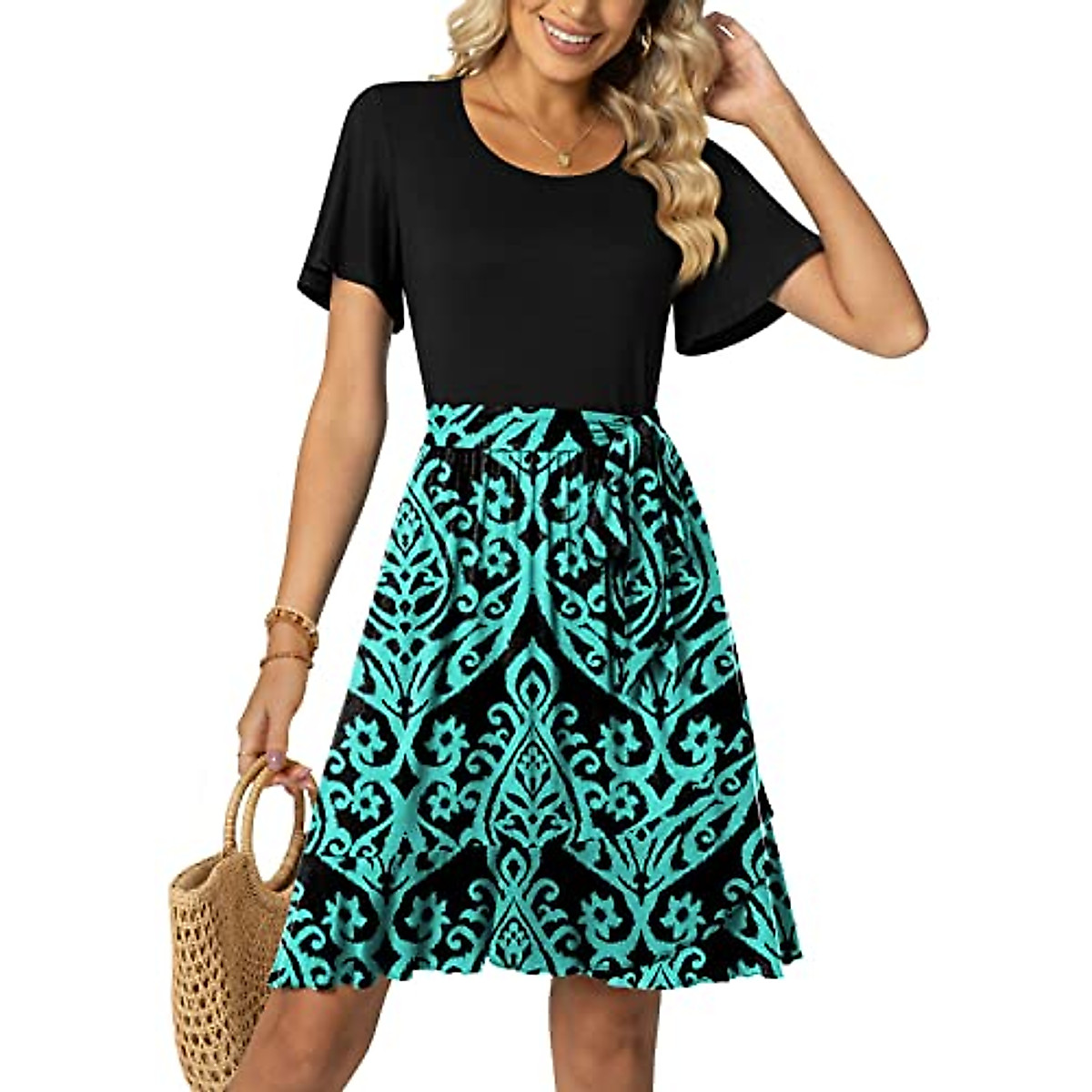 Aodemo Women's Summer Flutter Sleeves Empire Waist T-Shirt Dresses Patchwork Ruffle Hem Swing Tie Waist Dress L, Black/Fl Blue-Green