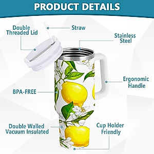 RPLIFE Bright Yellow Lemons White 40 Oz Tumbler, Stainless Steel Tumbler with Straw, Tumblers for Women