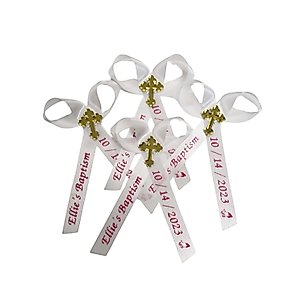 25 Personalized Baptism Christening Ribbons Party Favors or Baby Shower Sprinkle Bautizo Birthday Assembled Bows Custom Ribbon anos quinceaneras listones