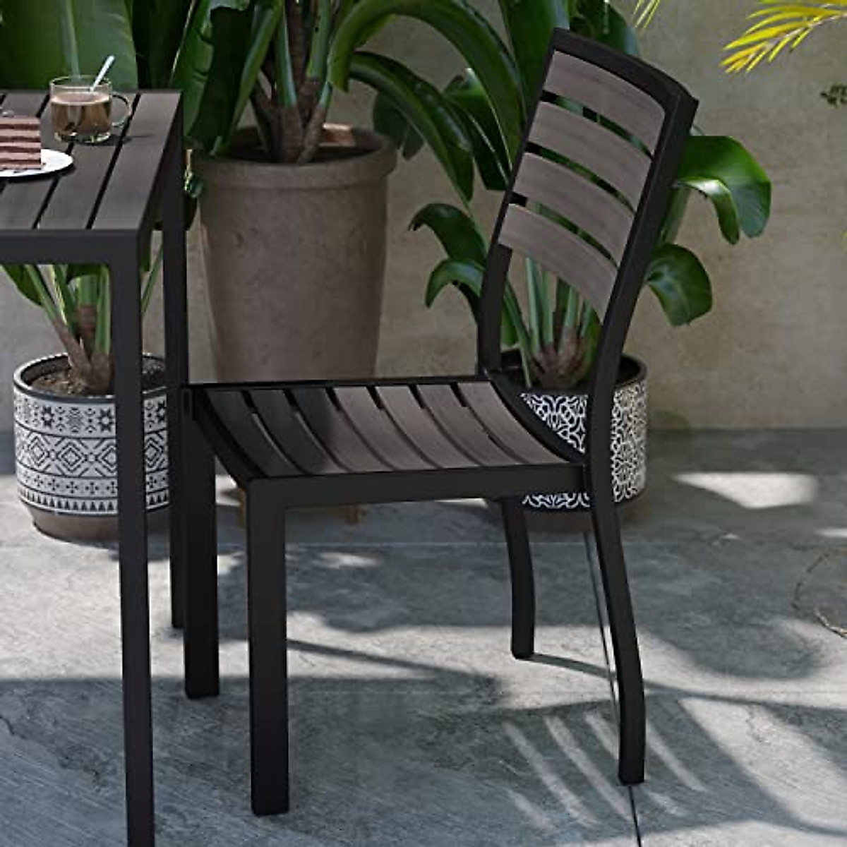 Flash Furniture Lark Outdoor Stackable Side Chair with Gray Wash Faux Teak Poly Slats, Set of 2